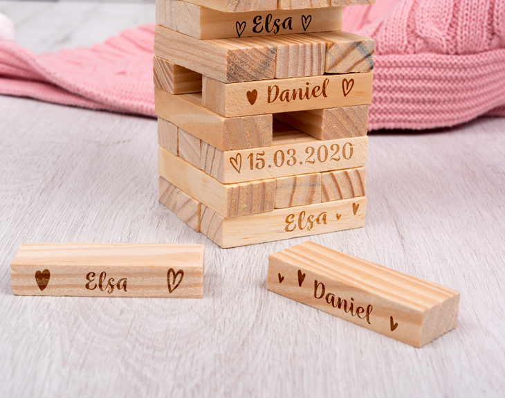 Engraved Jenga game with name "Hearts" - Made in Gift