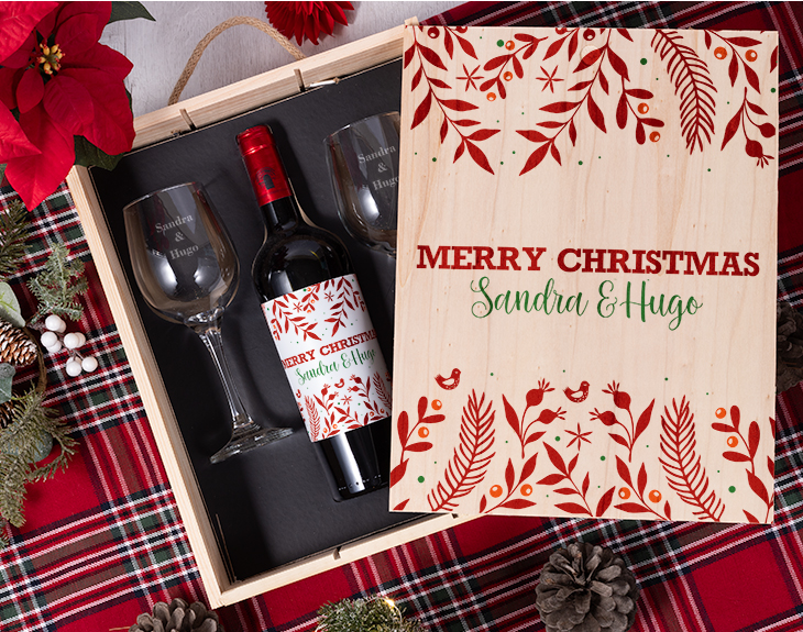 Personalised box with wine bottle and glasses "Branches" - Made In Gift