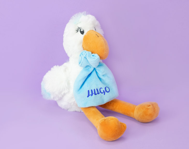 Cigüeña azul pequeña con saquito personalizado - Regalo Original