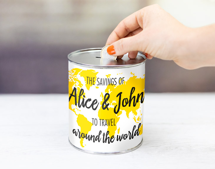 Customised round tin money box "Around the world" - Made in Gift