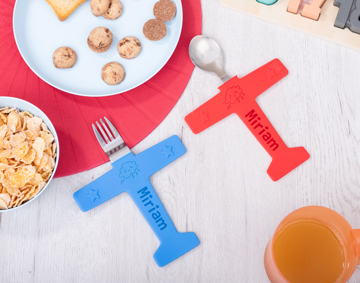 Set - Löffel und Gabel "Flugzeug-Wolke" mit Name - Made In Gift
