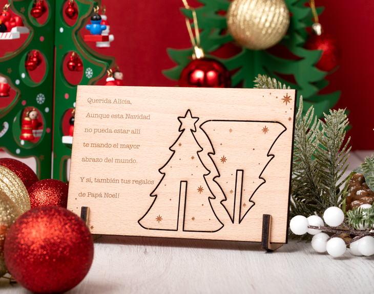 Postal de madera grabada "Arbolito de Navidad" recortable - Regalo Original