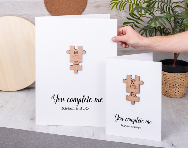 Custom card "You complete me" with engraved woooden puzzle pieces ...